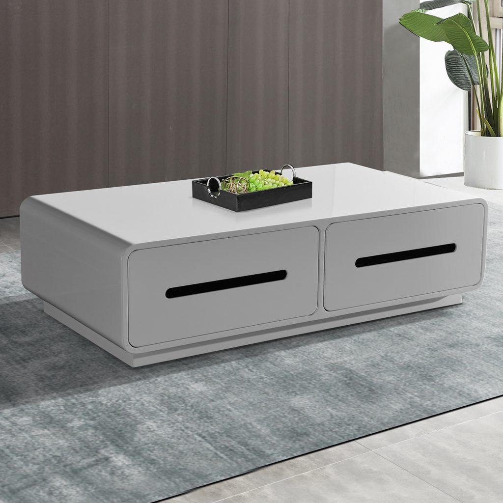 Meja Tamu HPL Putih Glossy Model Laci Mewah Elegan - Sobat Furniture